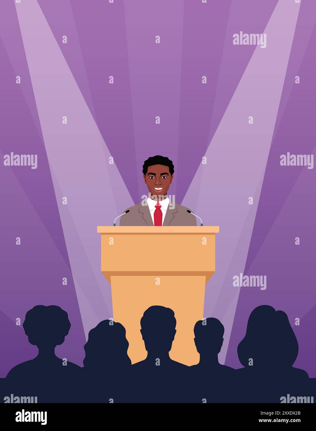 Confident black man behind podium during stage speech. Speaker talking ... Confident black man behind podium during stage speech. Speaker talking ...