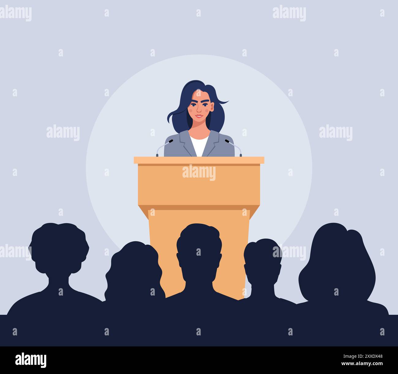 Confident woman behind podium during stage speech. Speaker talking in ... Confident woman behind podium during stage speech. Speaker talking in ...
