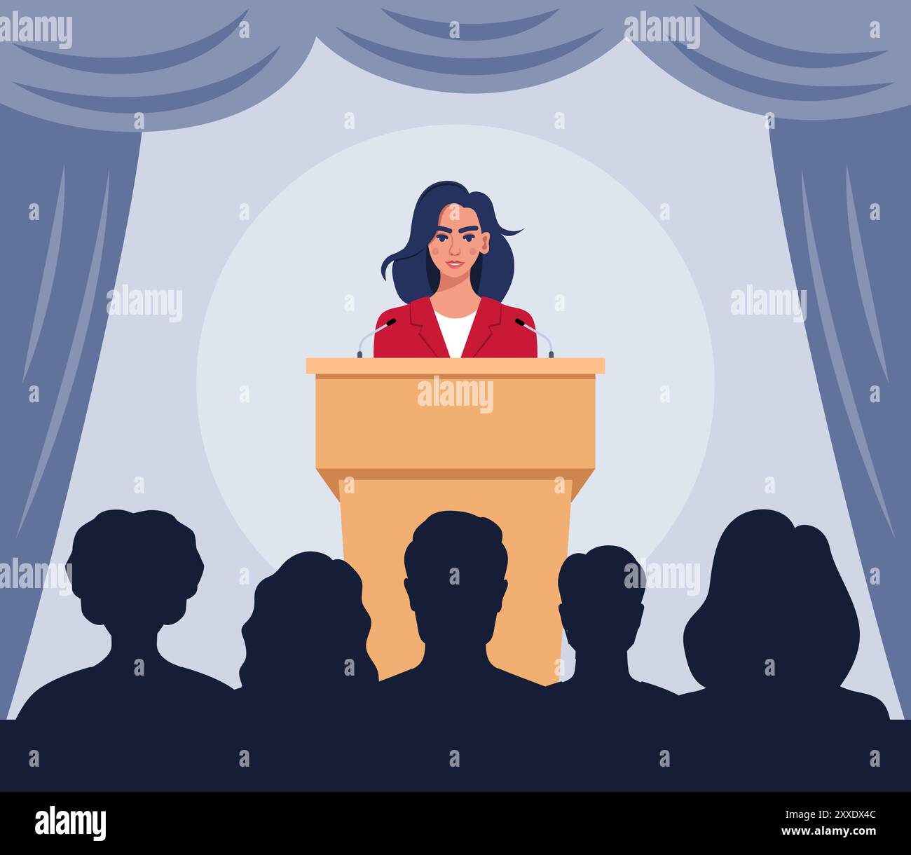 Confident woman behind podium during stage speech. Speaker talking in ...