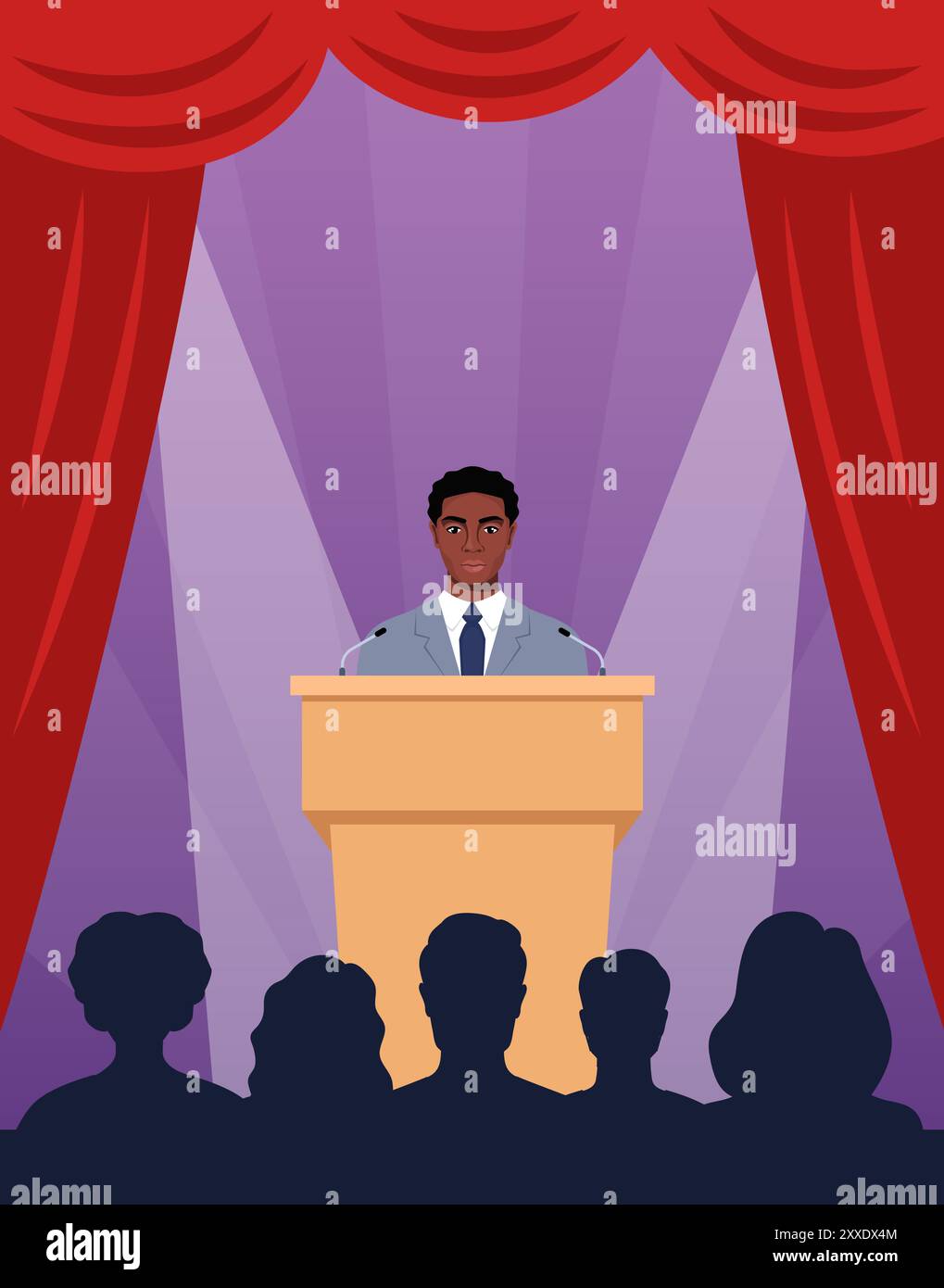 Confident black man behind podium during stage speech. Speaker talking ...