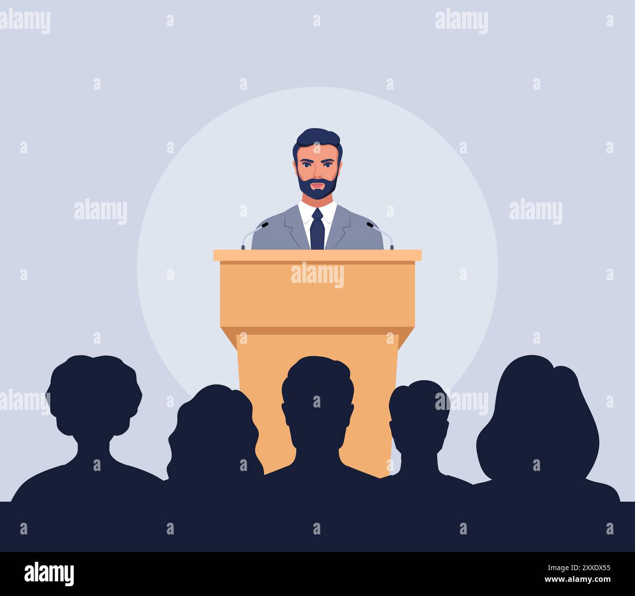 Confident man behind podium during stage speech. Speaker talking in ...