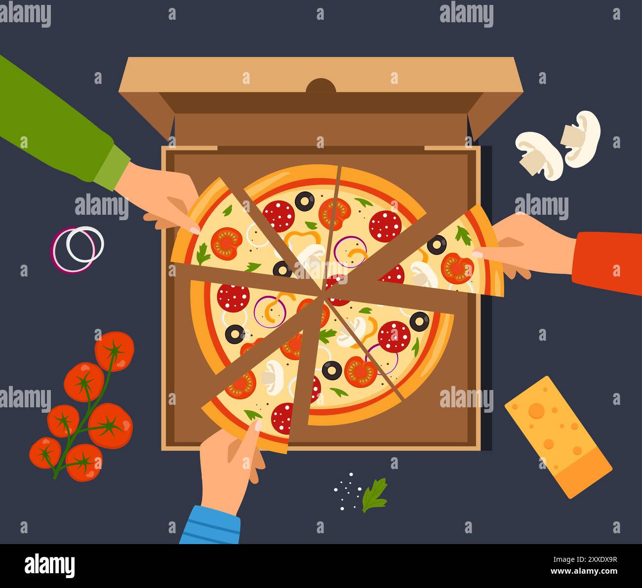 People hands taking triangle pizza slices from box on table. Top view ...