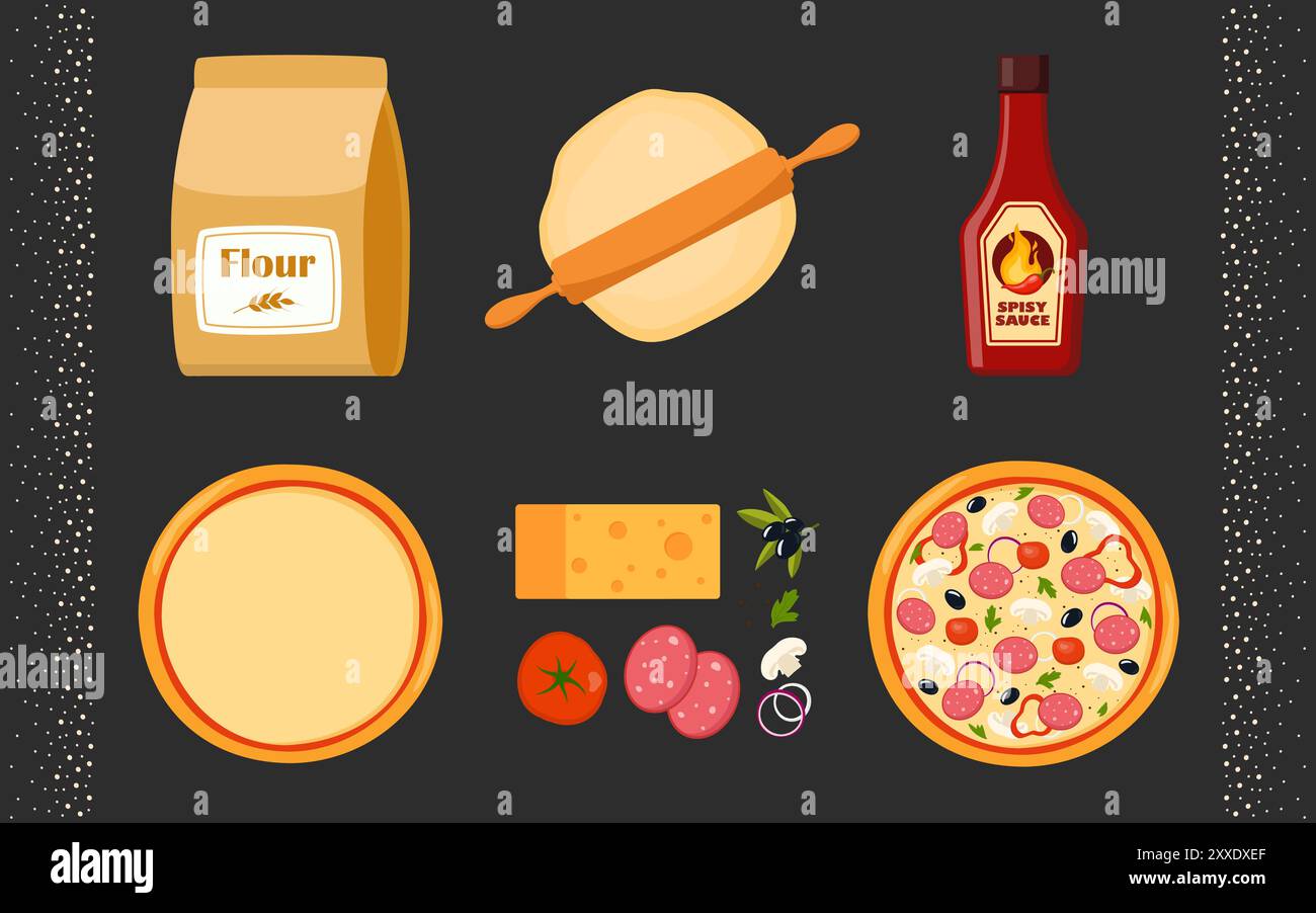 Pizza cooking steps. Easy recipe for homemade Italian food. Salami and ...