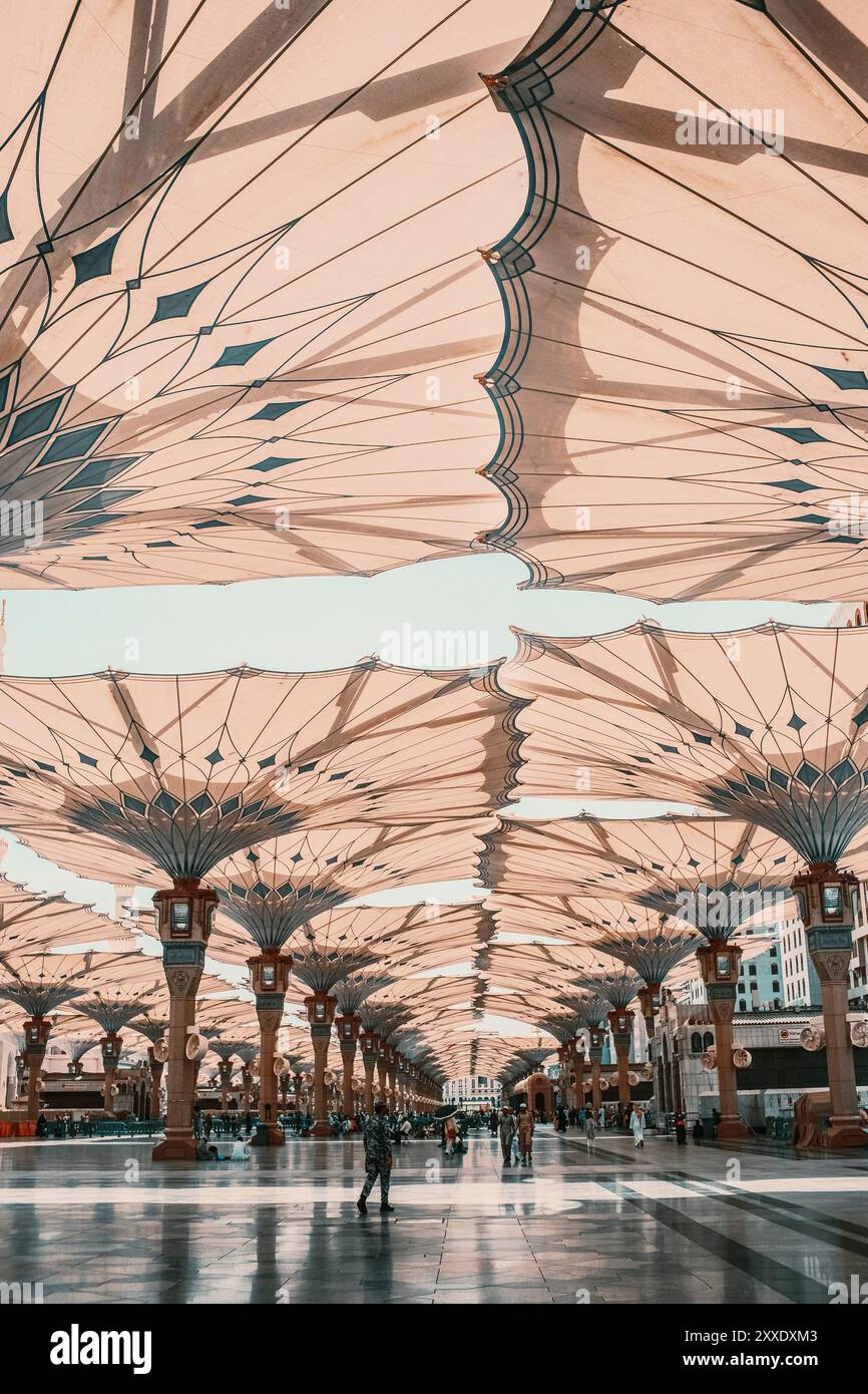 Almost empty Masjid Nabawi mosque boulevard during summer in Medina ...