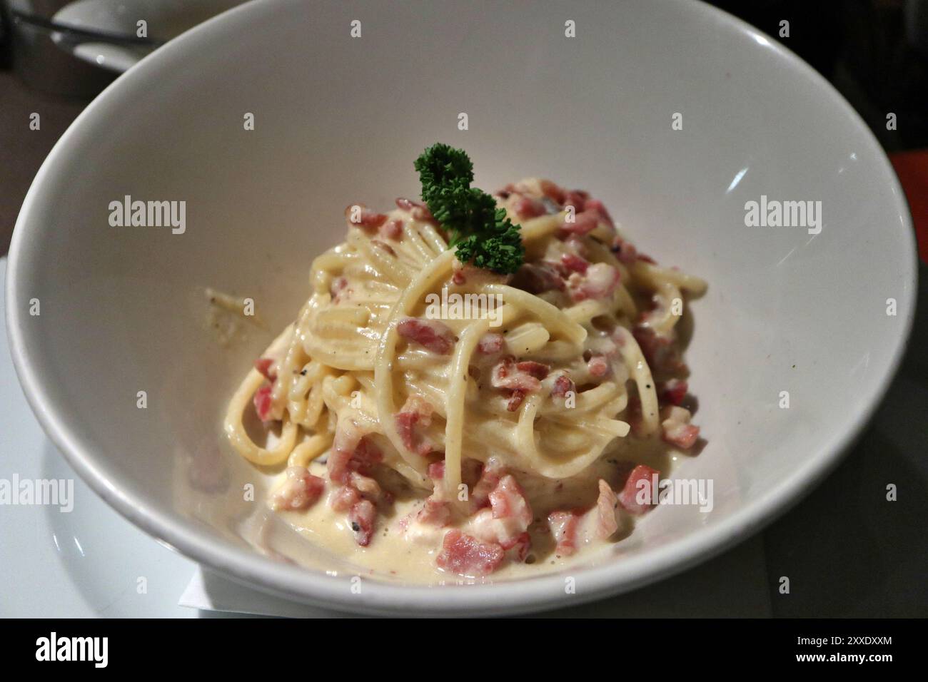 Italian cuisine: spaghetti alla carbonara in Venice, Italy Stock Photo ...