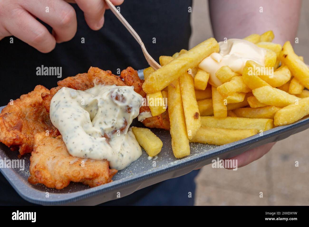 fish and chips, deep fried cod and potato chips, fries with mayo and ...