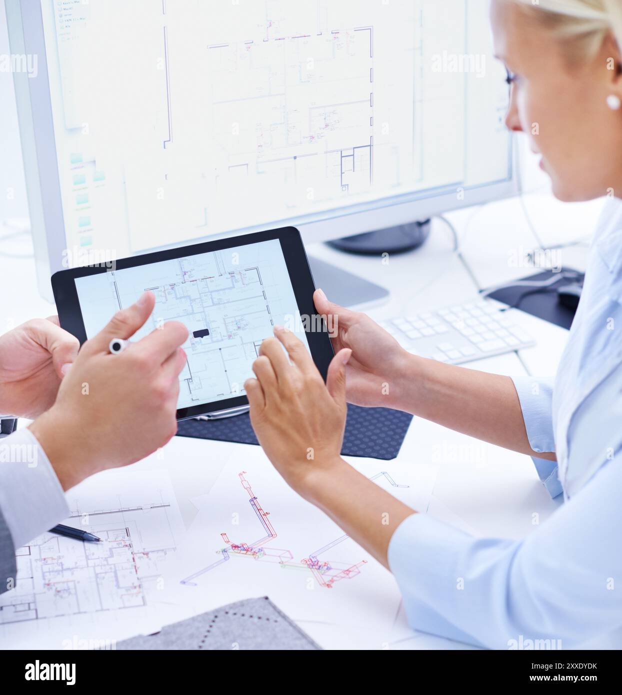 Tablet, blueprint screen or woman with engineer planning in meeting for ...