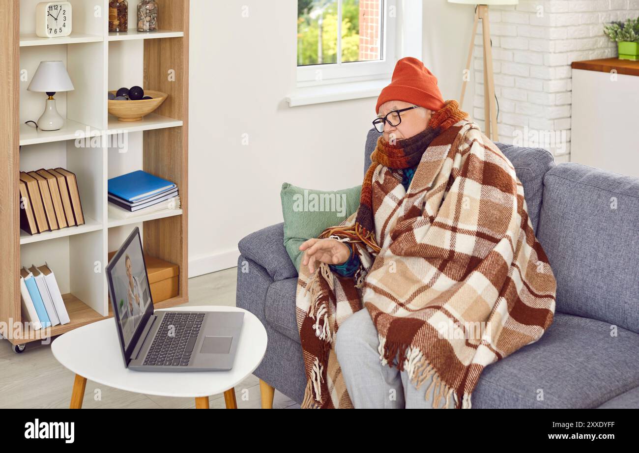 Sick senior man talking about the symptoms of illness having online ...