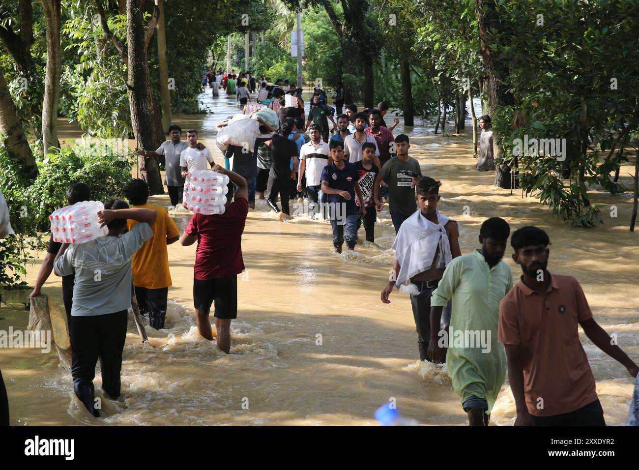 Cumilla. 24th Aug, 2024. People trudge along a waterlogged track in ...