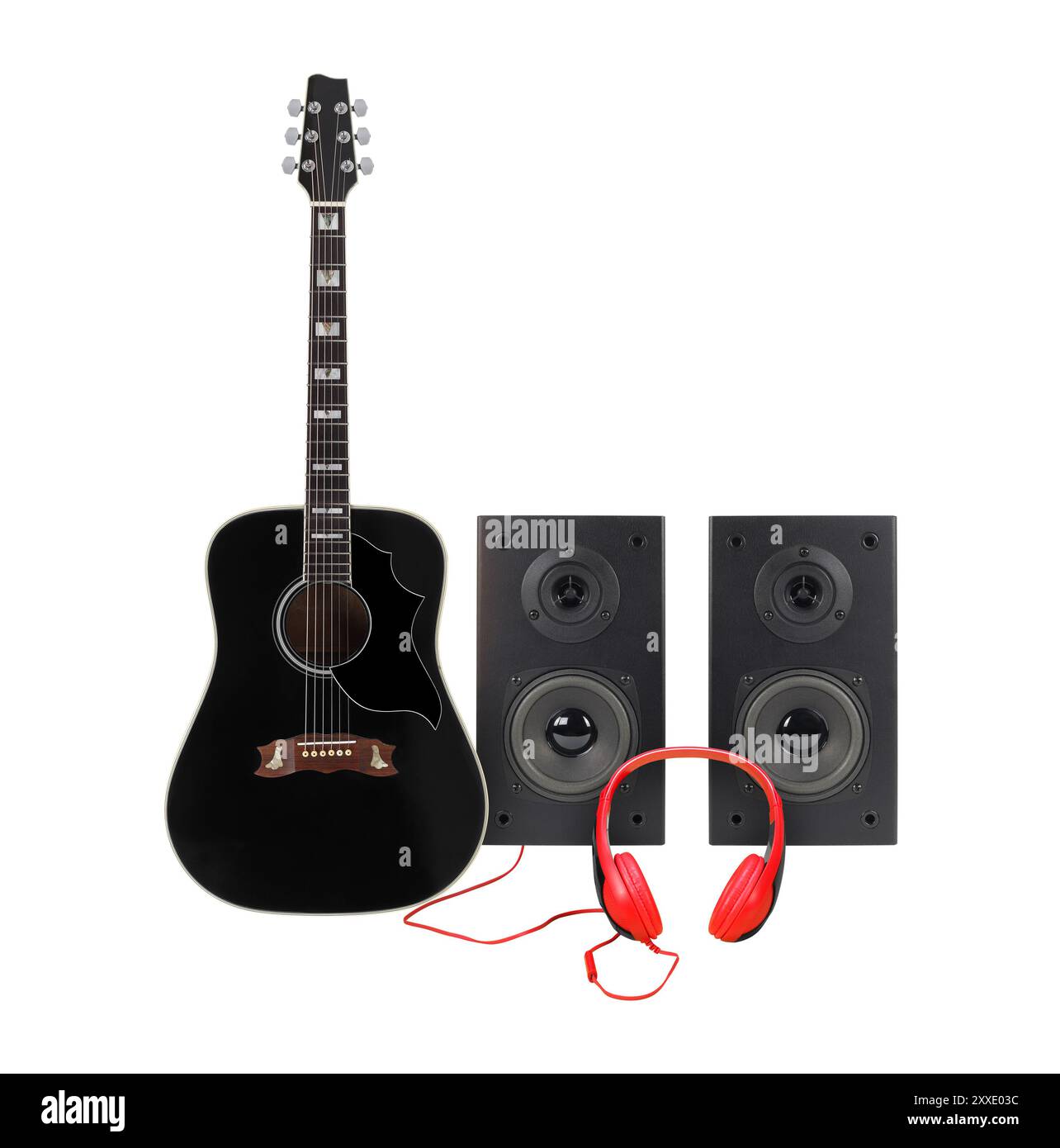 Music and sound - Front view Western black acoustic guitar, line array ...