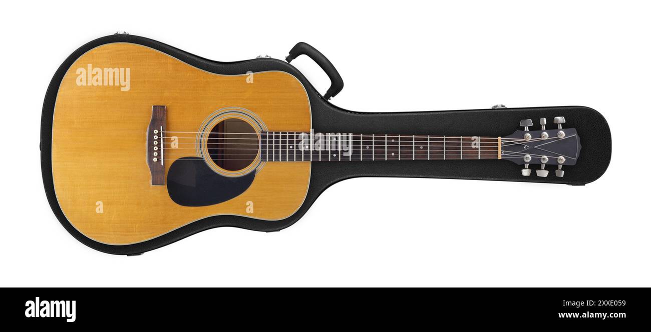 Musical instrument - Front view vintage acoustic guitar on a black hard ...