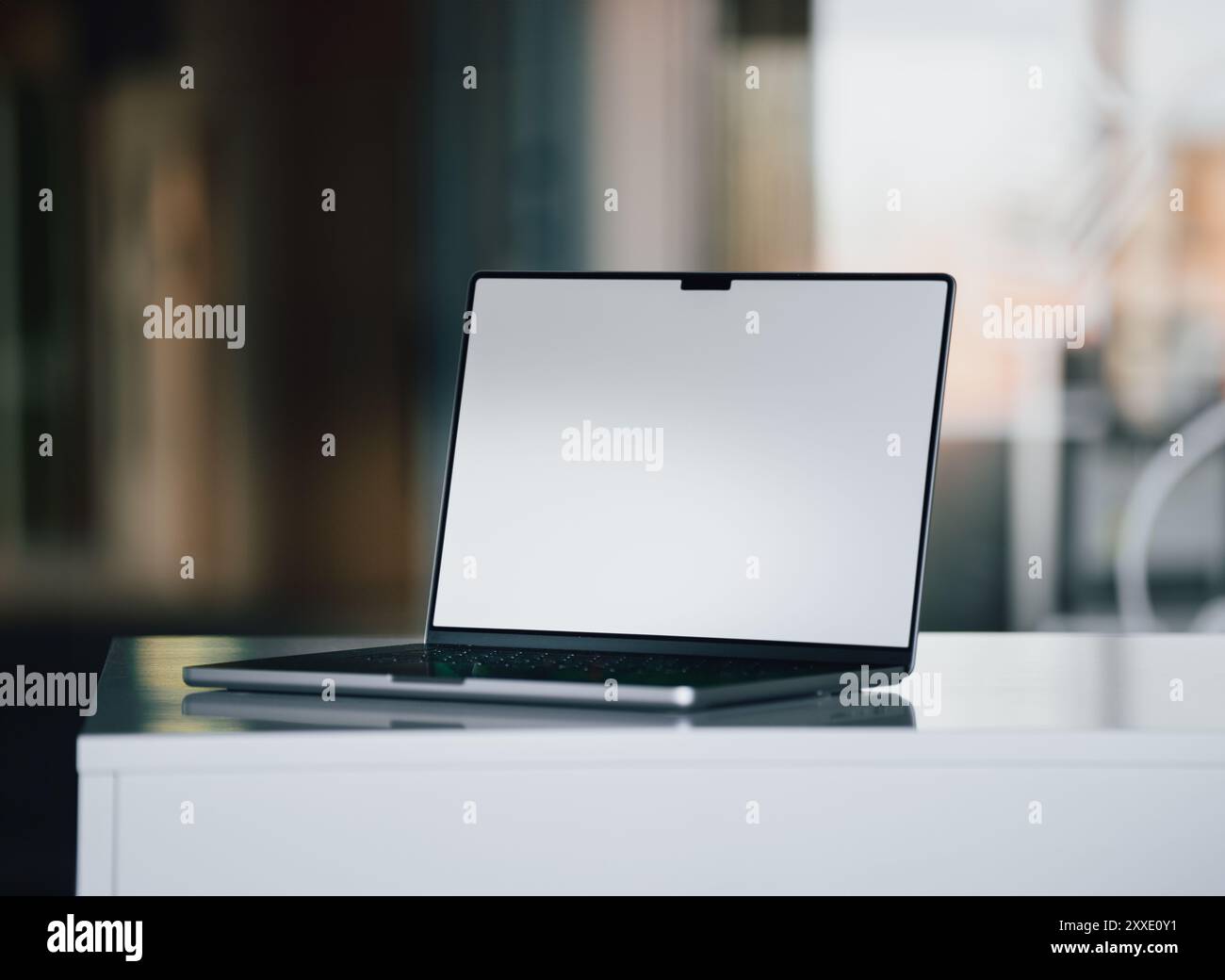 Laptop clean empty white screen mockup. Office space interior Stock ...