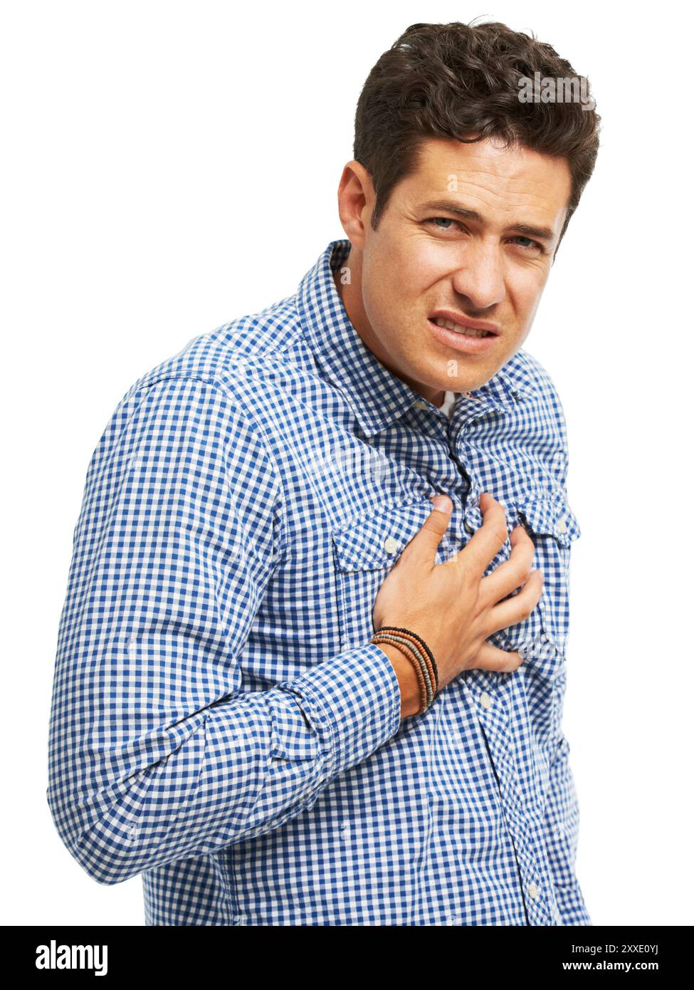 Chest pain, heart attack and portrait of man in studio isolated on ...