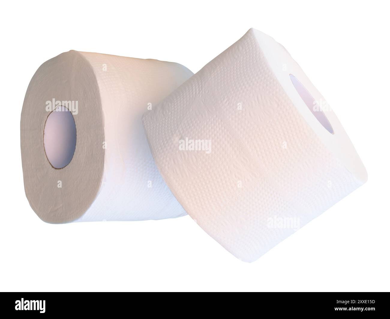 Side view of two tissue paper rolls or toilet paper in stack is ...