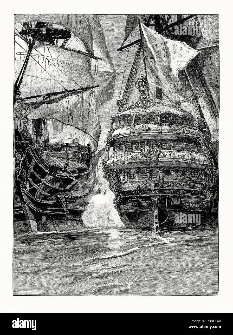 An old engraving of the attack by the British on the French battleship ...