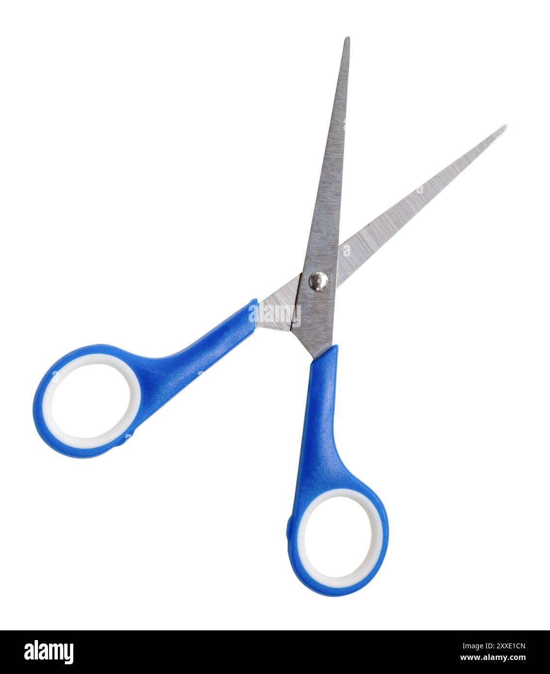 Small multipurpose scissors with blue handle is isolated on white ...