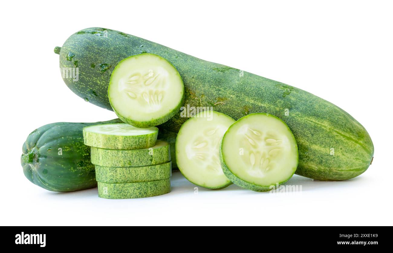 Side view of fresh green cucumbers with slices in circle shape is ...