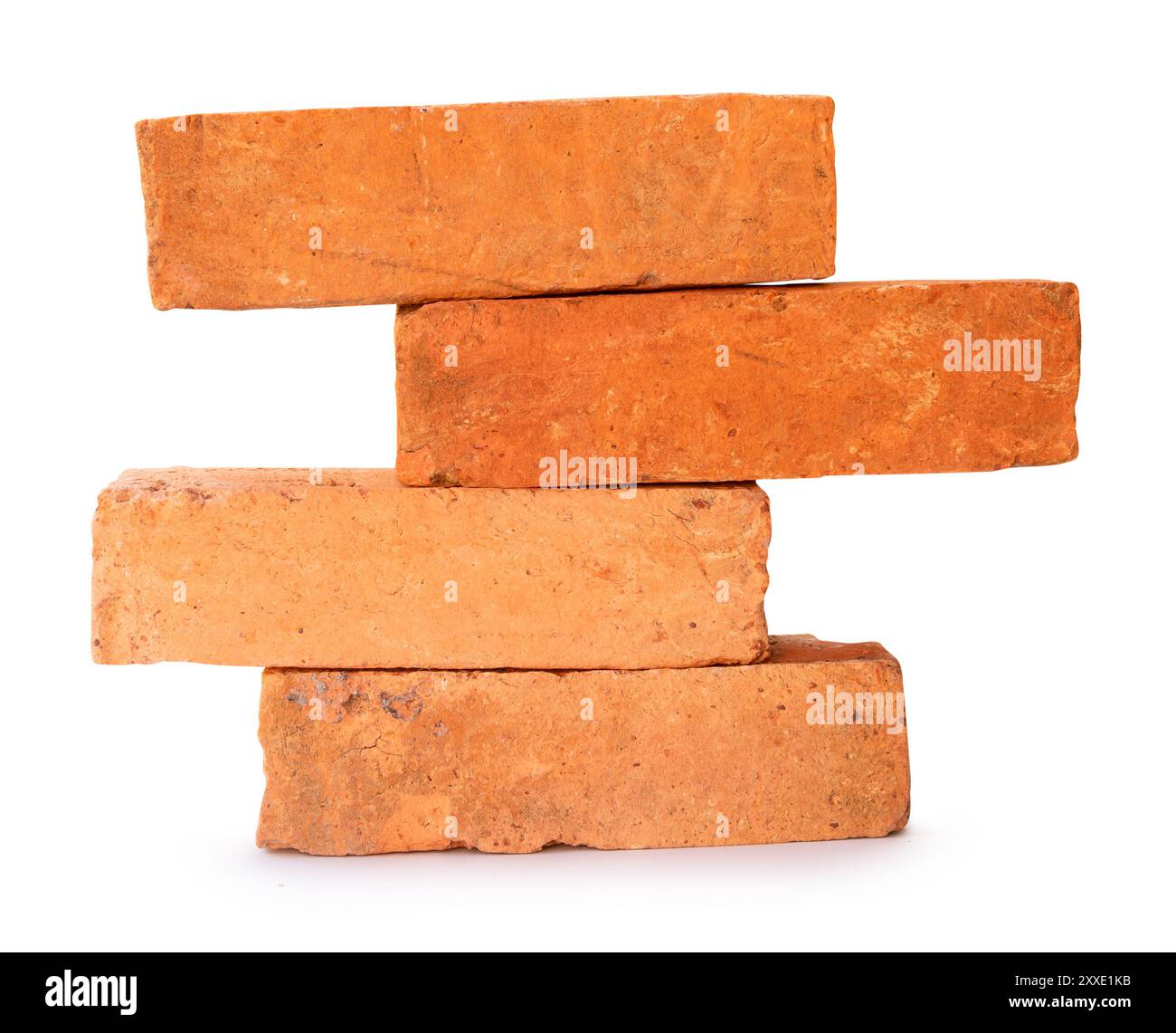 Side view of old orange or red bricks in stack is isolated on white ...