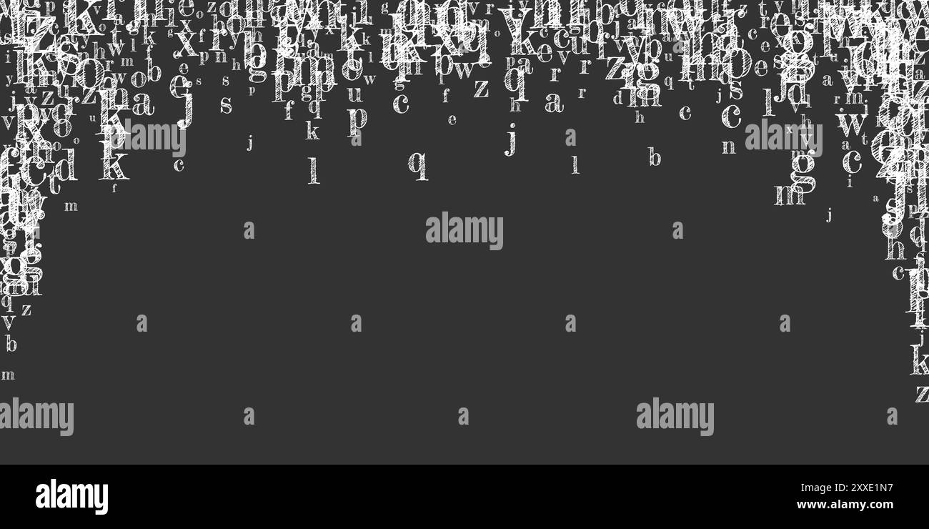 Scattered letters of latin alphabet. White chalk floating characters of ...