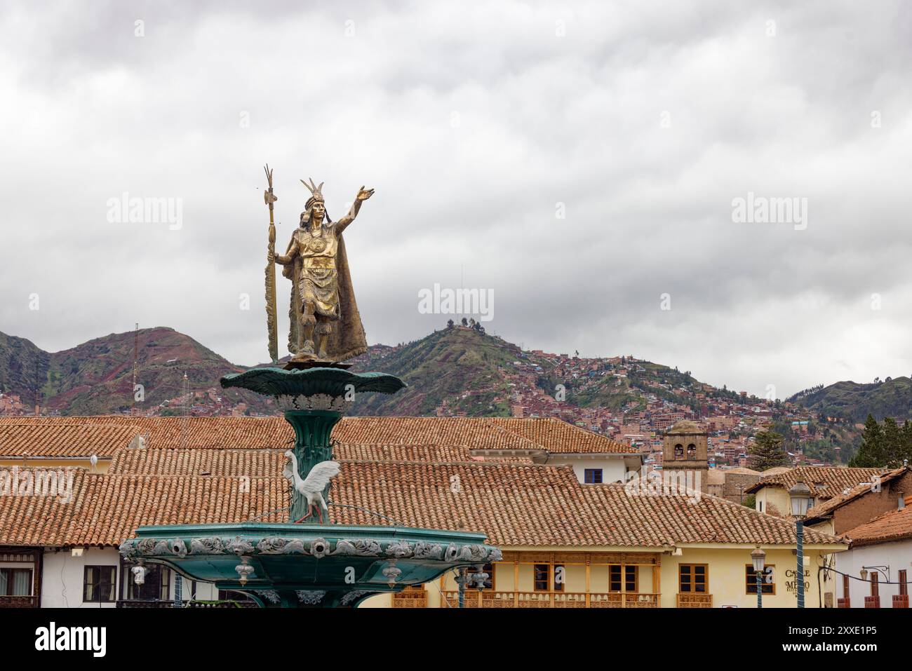 Cuzco, Peru. 4th Jan, 2024. Fountain topped with the statue of Emperor ...