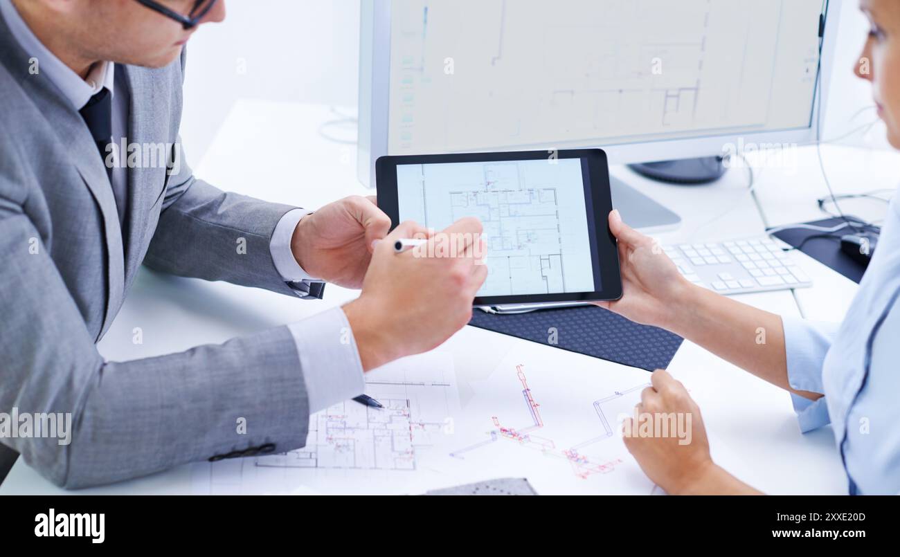 Tablet Blueprint Screen Or Hands Of People Planning In Meeting For Engineering Project Paper