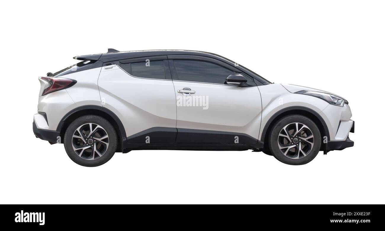 Side view of white hatchback car is isolated on white background with ...