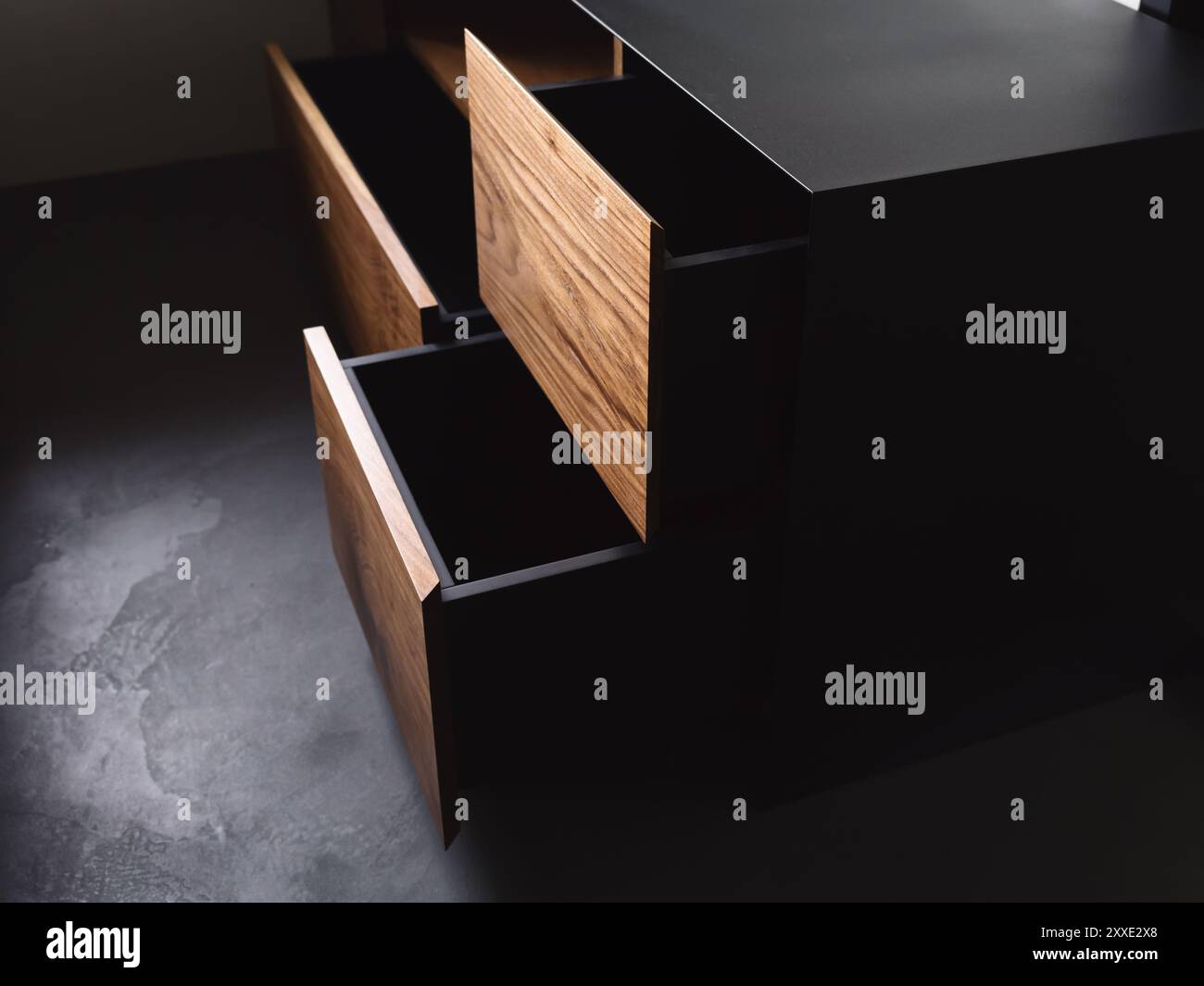 Closeup details of modern tv stand made from walnut and powder coated ...