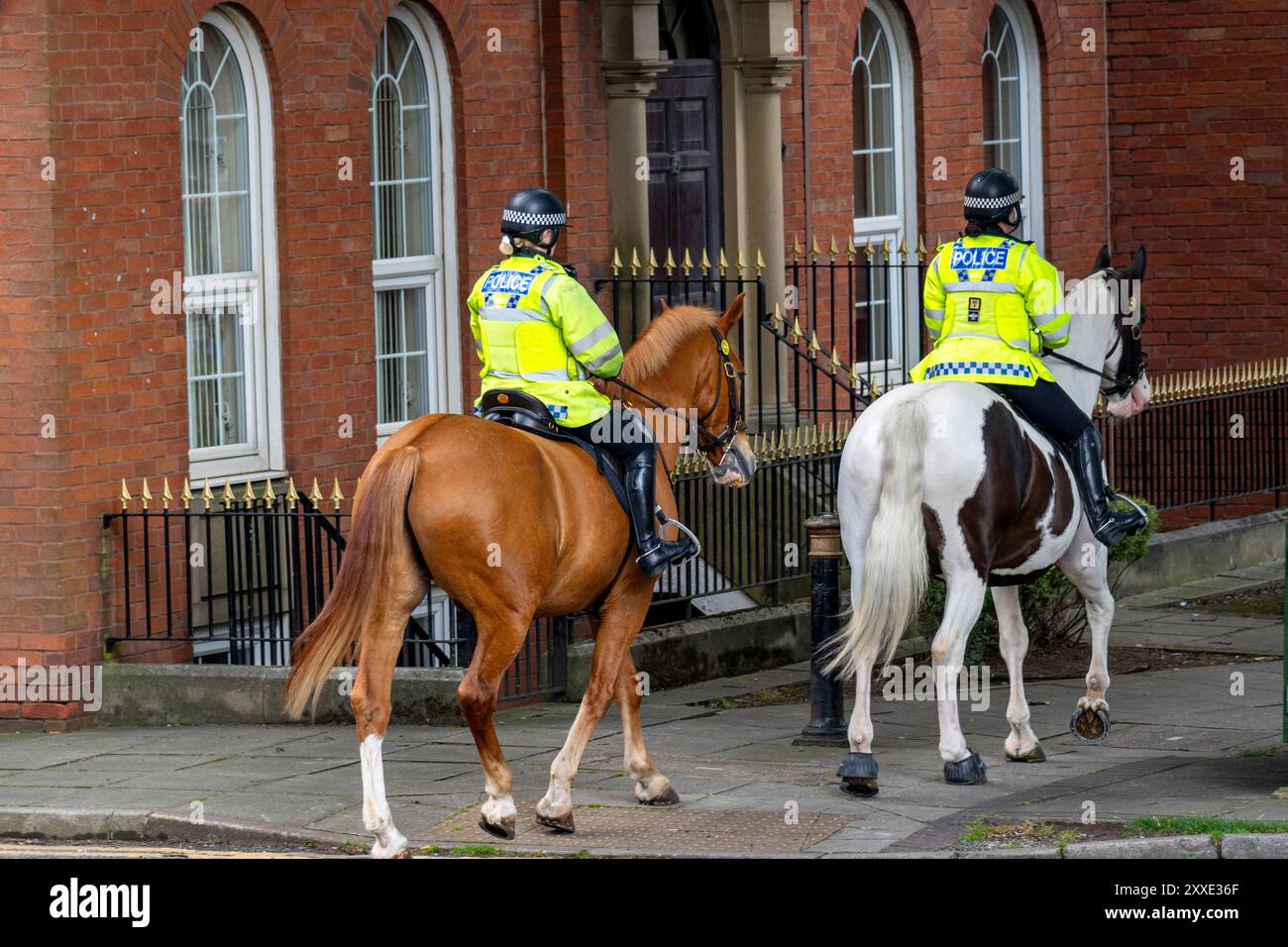 Tow female police officers riding horses on the streets of Manchester ...