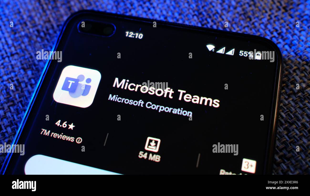 Microsoft Teams app in play store page on mobile phone display. London ...