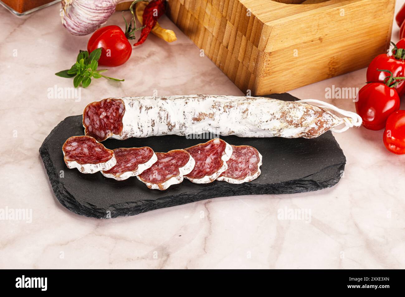 Spanish dry pork salami sausage Fuet Stock Photo - Alamy