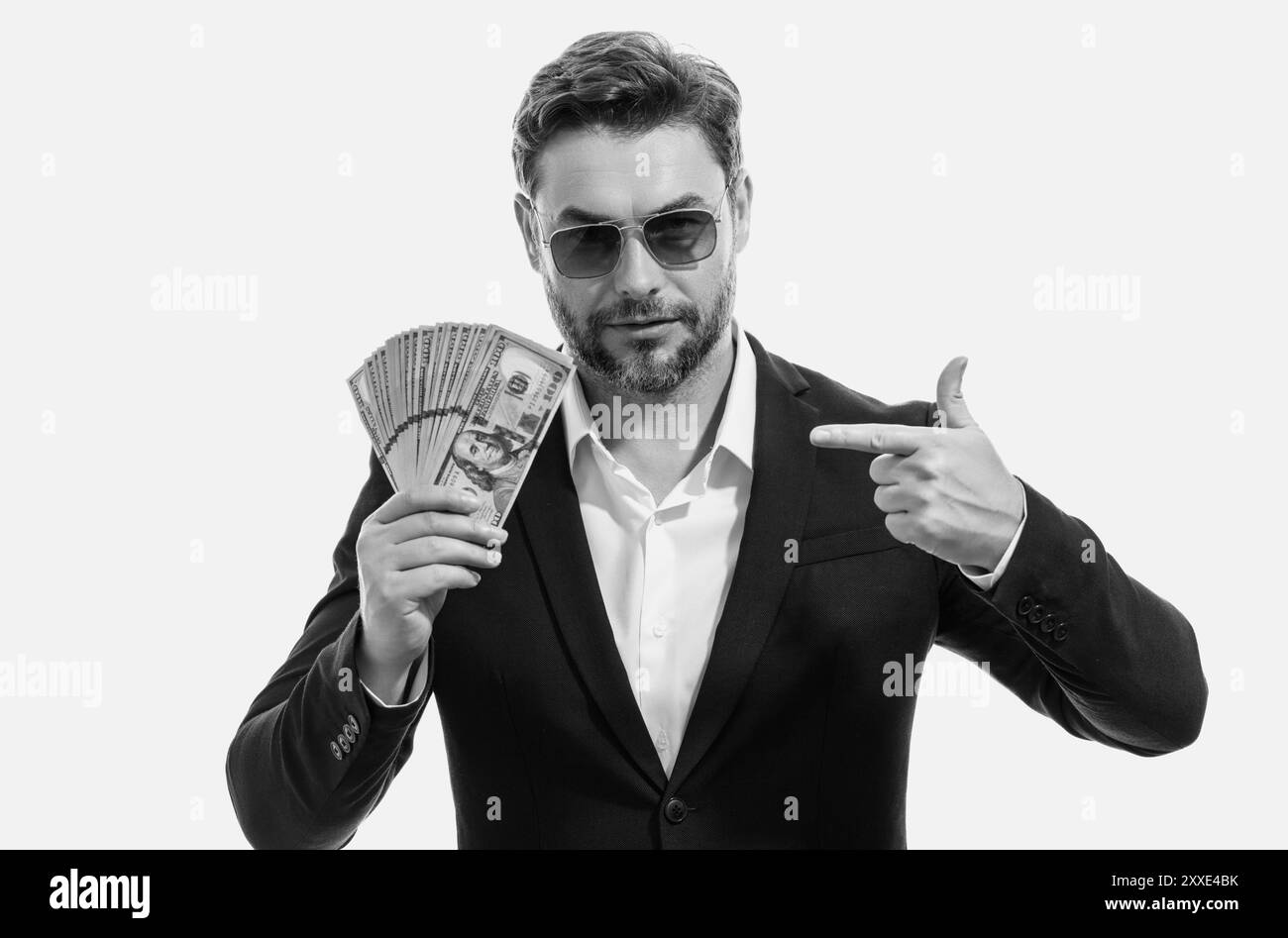 Man in suit holding cash money in dollar banknotes on isolated white ...