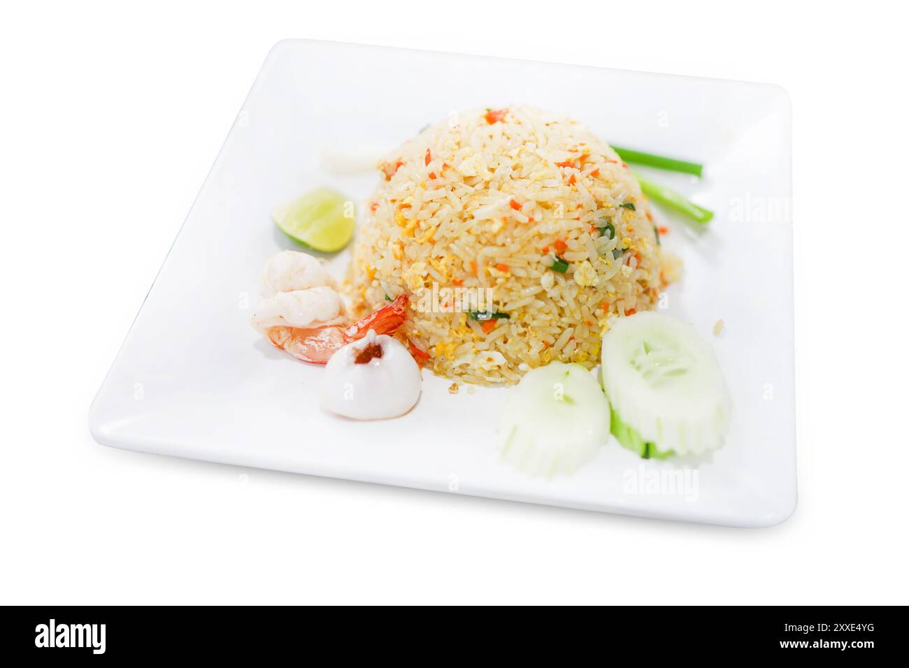 Die cut of Dried seafood fried rice with squid and shrimp on white ...