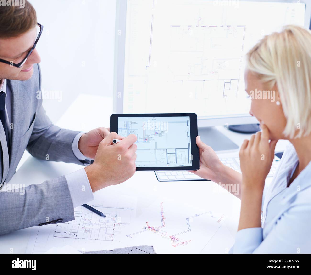 Tablet, blueprint screen or architect with designer planning in meeting ...