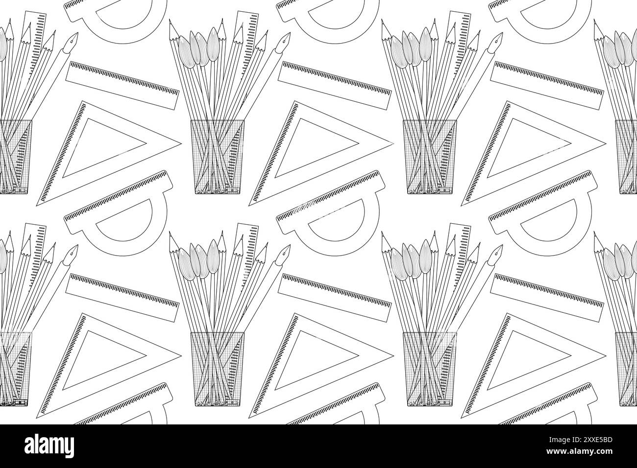 Seamless vector pattern of school supplies for coloring pages. Black ...