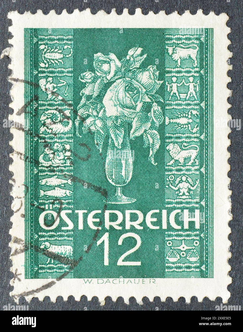 Cancelled postage stamp printed by Austria, that shows Vase with roses ...