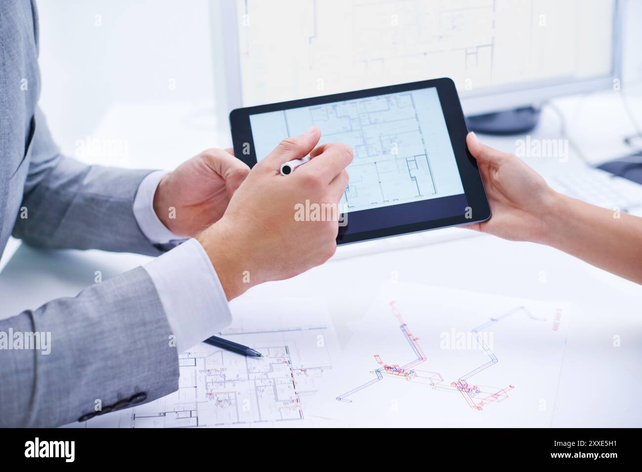 Tablet, blueprint screen or hands of designers planning in meeting for ...