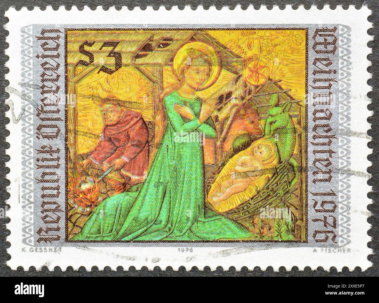 Cancelled postage stamp printed by Austria, that shows "Birth of Christ ...