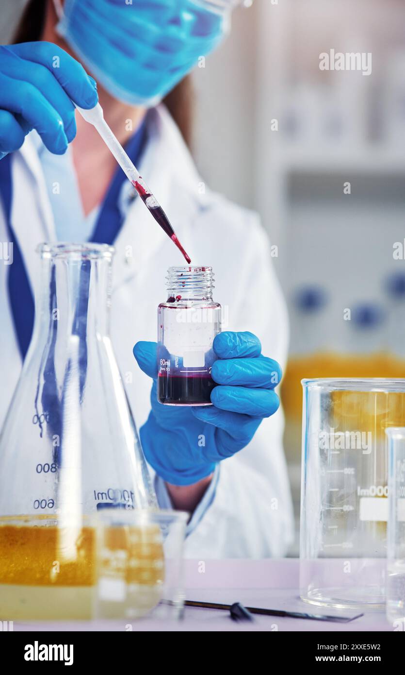 Scientist, experiment and person with blood in laboratory for medical ...