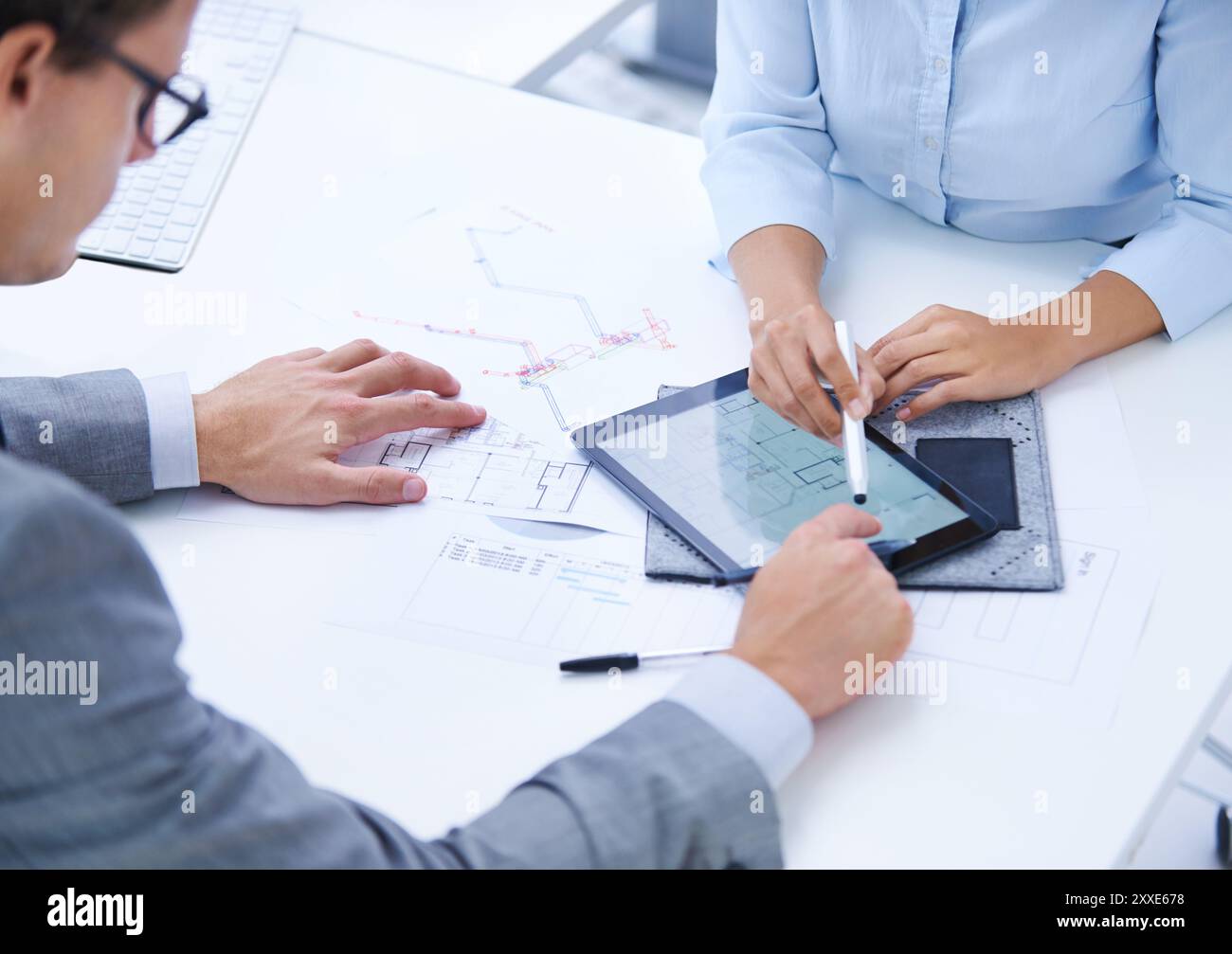 Tablet, floor plan screen or hands of people in meeting for planning or ...