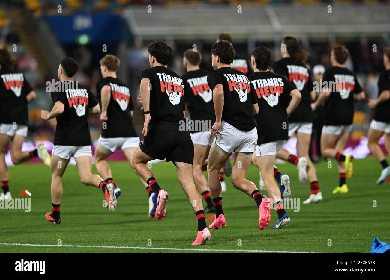 Brisbane, Australia. 24th Aug, 2024. Bombers players are seen wearing a ...