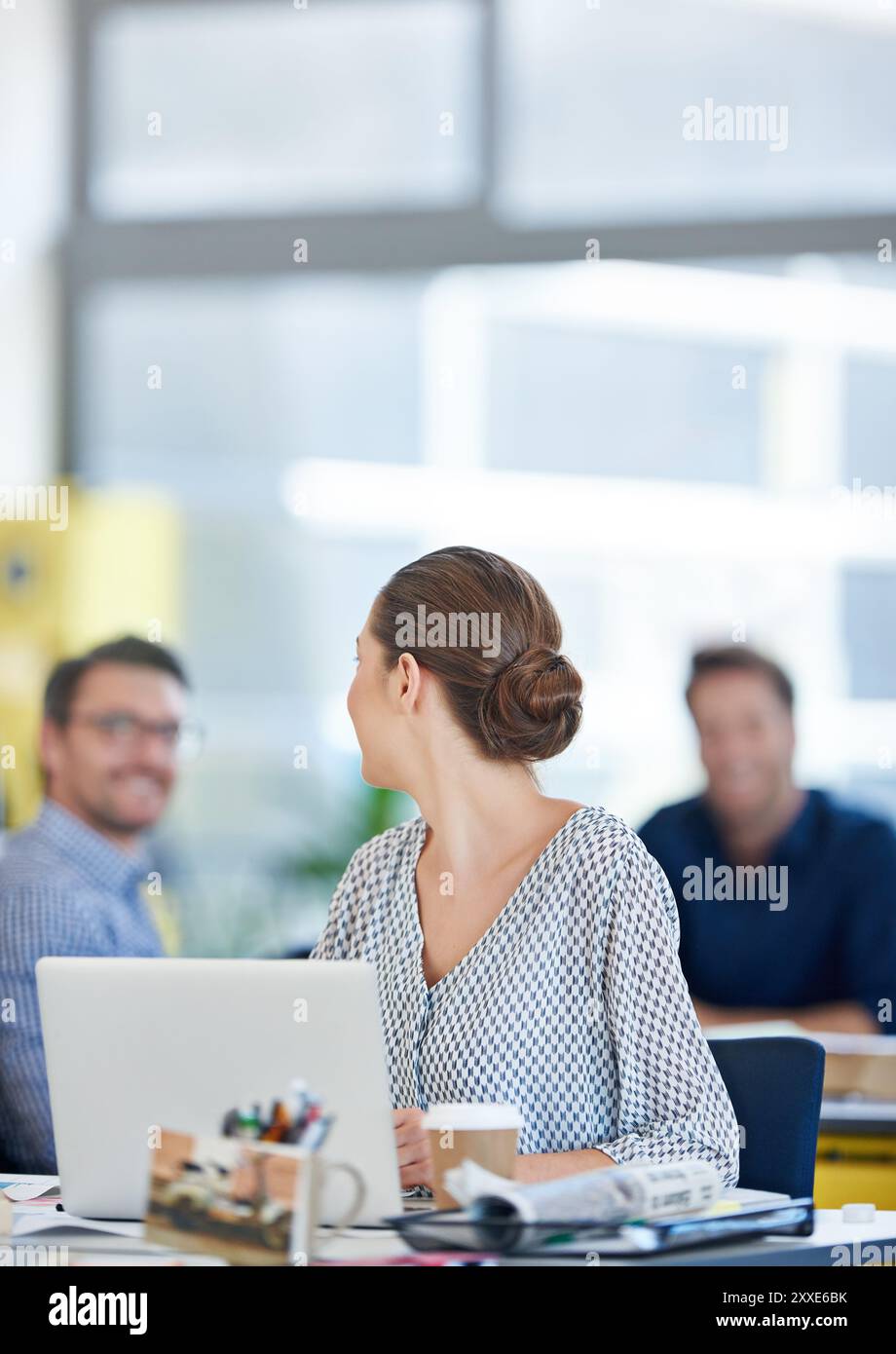 Business people, group and woman with laptop, conversation and planning ...