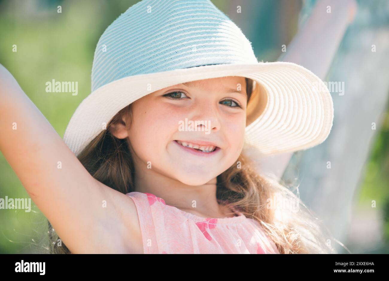 Summer kids girl outdoor, child cute face. Summer vacation and happy ...