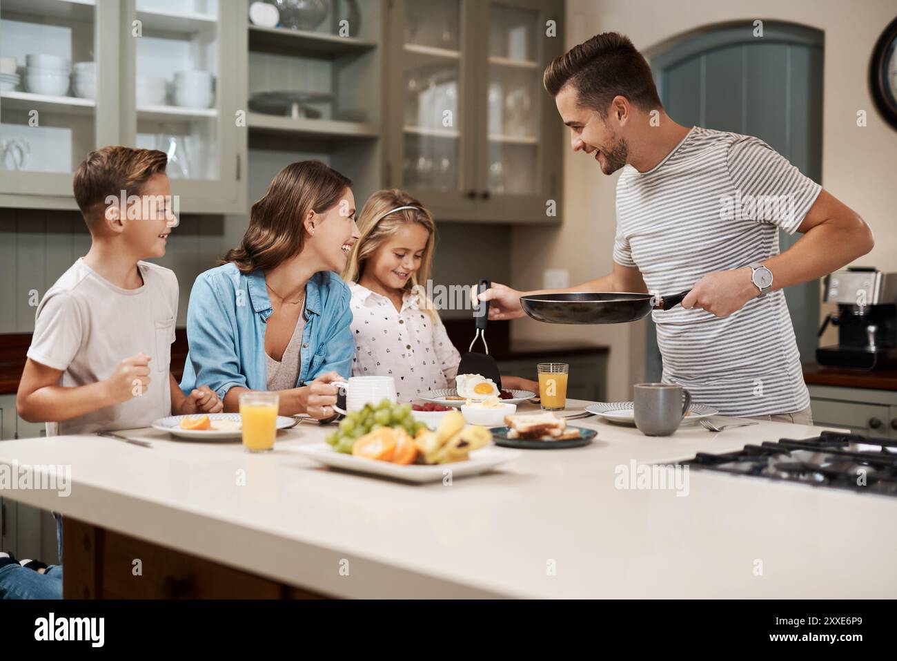 Cooking, meal and children with parents in kitchen for learning ...