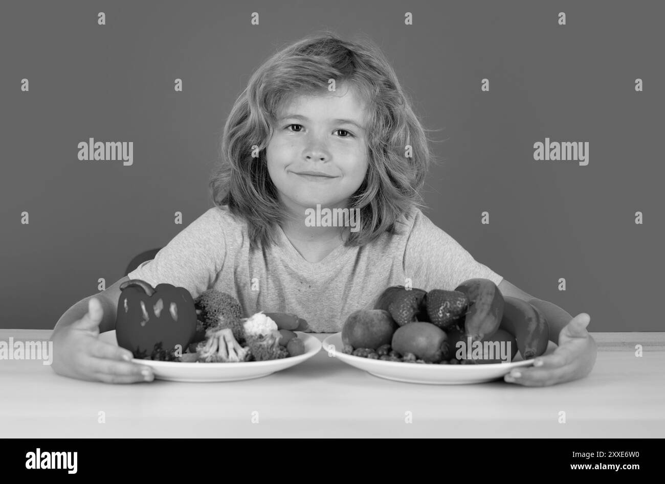 Fruits and vegetables for children. Healthy kids food. Closeup face of ...