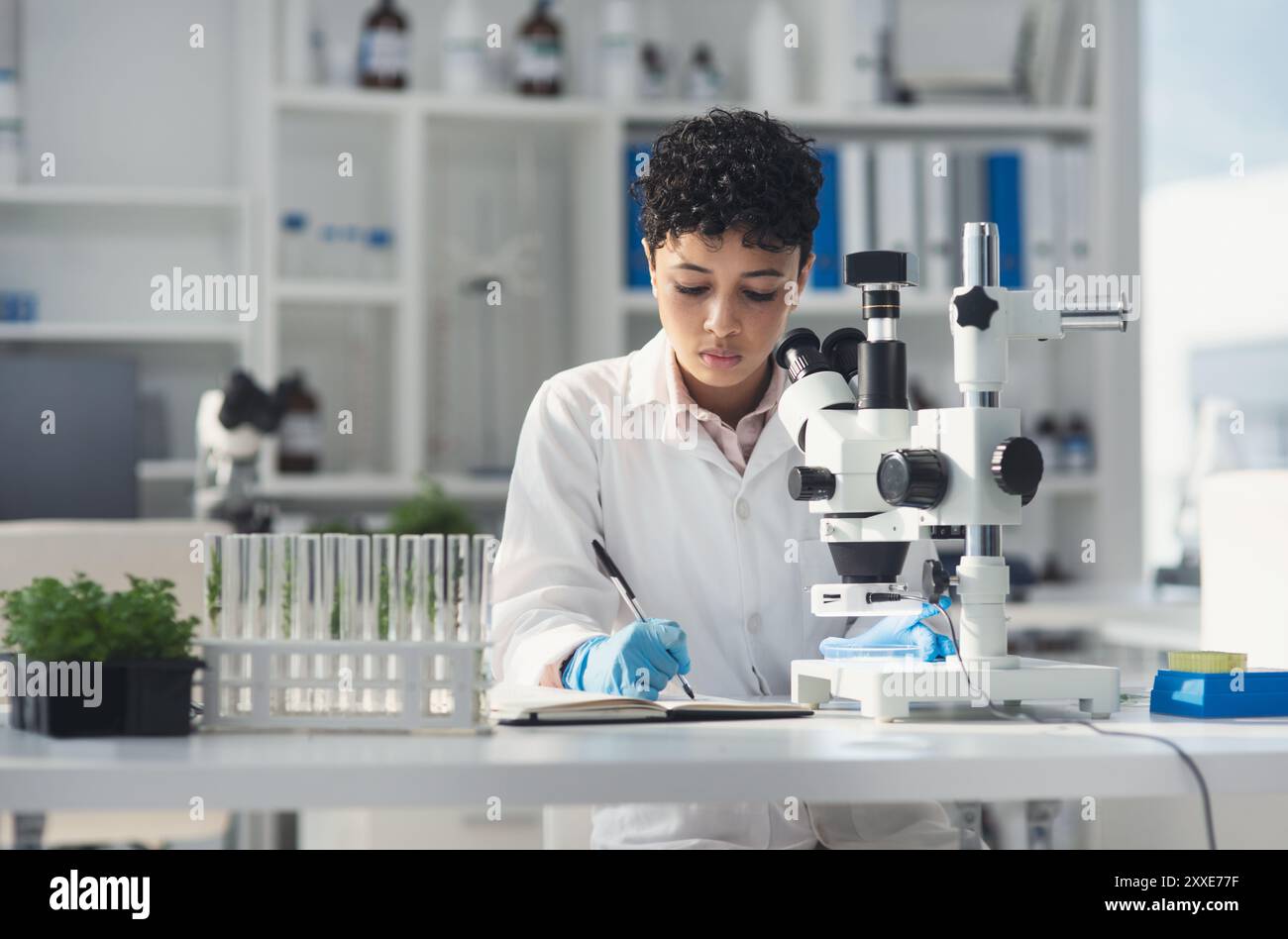 Woman, researcher and writing for plants of microscope experiment ...