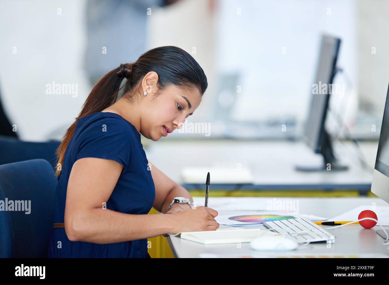 Writing, business and woman at desk, planning and schedule for calendar ...