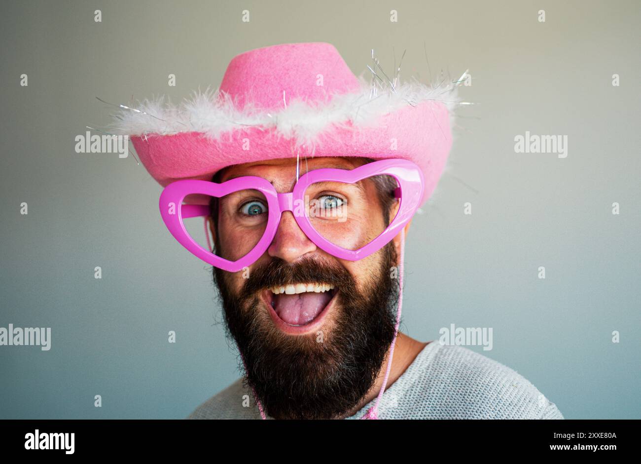 Happy man smile face. Handsome smiling young guy with funny pink ...