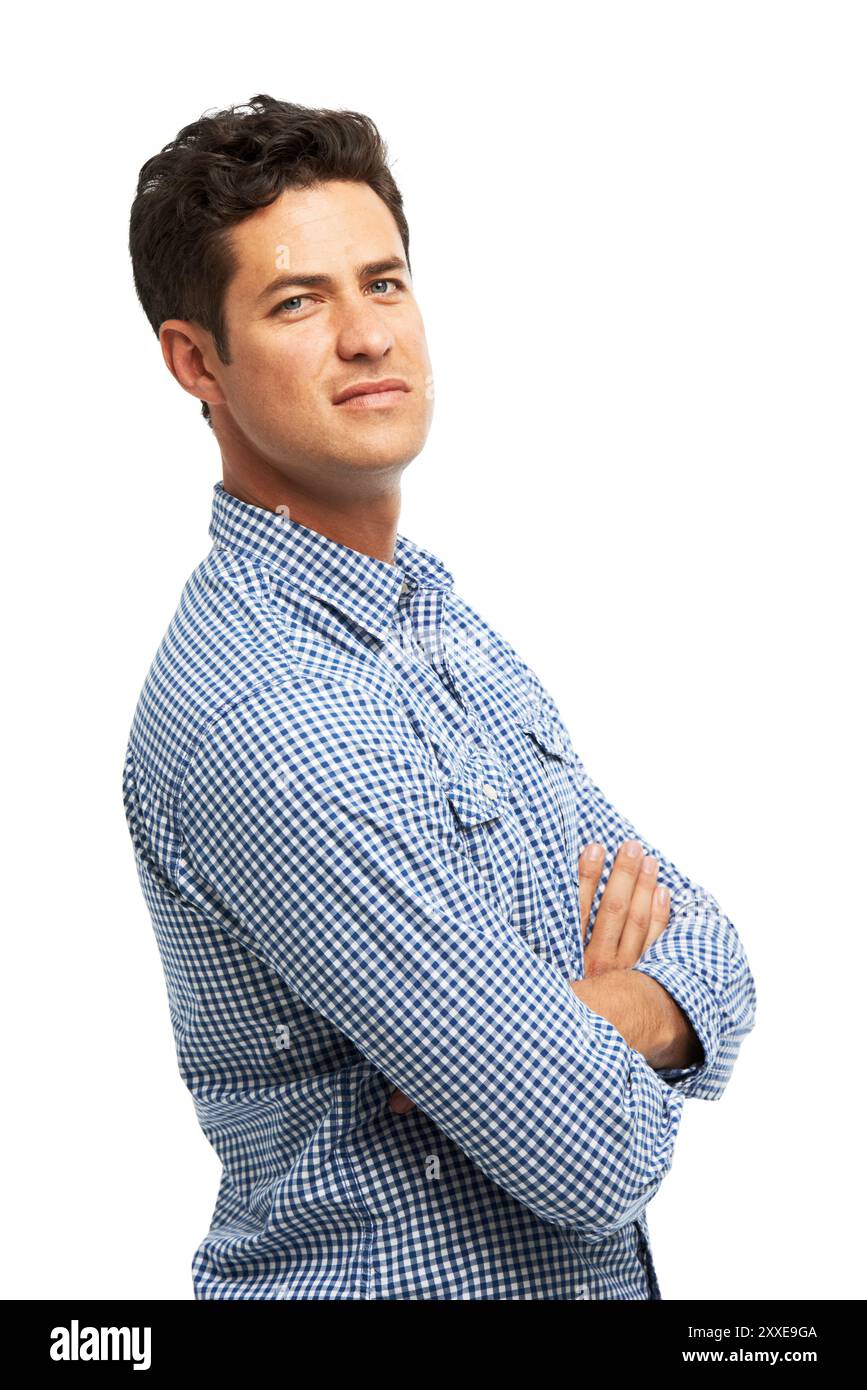 Business, man and fashion in studio with arms crossed on white ...
