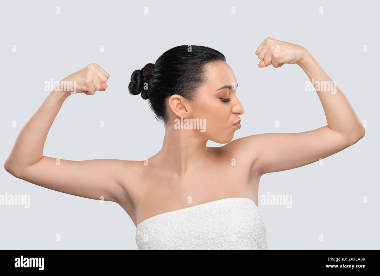Happy successful young brunette girl with healthy clean skin and fresh ...