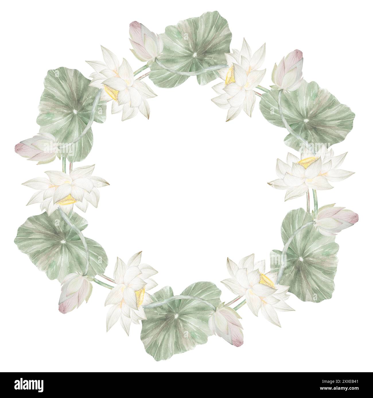 Lotus frame. Watercolor illustration lotuses and leaves hand drawn ...